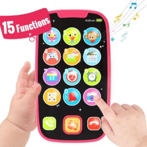 babyfuny toys for 1 year old girl gifts, 15 functions toy phone toddler girl toys, learning baby toys 12-18 months, kids cell phone easter basket stuffers - pink