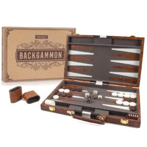 amerous backgammon set, 15 inches classic board game with leather case, folding board, gift package, portable travel strategy backgammon game set for adults, kids (medium, brown)