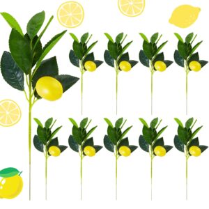 chuangdi 10 pieces artificial lemon branches lemon with green leaves picks artificial lemon picks decoration for home or table centerpiece, holiday farmhouse garden kitchen vase decoration