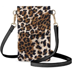 aoopistc brown leopard cheetah cell phone pouch,portable leather small phone bag with shoulder strap,touchscreen purse best gifts