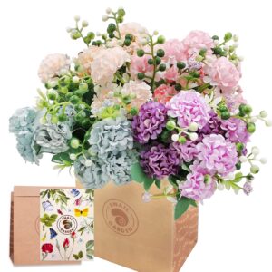 snail garden 40heads artificial hydrangea flowers, 4pack fake silk mini hydrangea with 1 vase kraft paper bag-mini artificial chrysanthemum ball perfect for home office wedding baby shower party decor