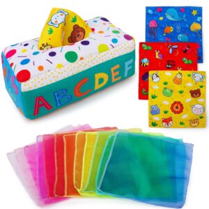 teytoy my first baby tissue box, soft stuffed high contrast crinkle montessori square sensory toys juggling rainbow dance scarves for toddler, infants, newborns and kids educational preschool learning