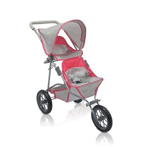 kookamunga kids baby doll stroller deluxe double | foldable twin jog pram | retractable canopy | premium pink & gray fabric | soft grip handle | storage basket underneath