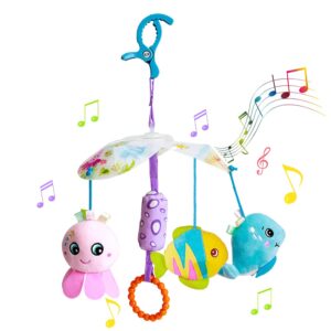 cute car seat hanging toys for baby, c clip hanging ocean animal soft toys with rattles bb squeaker distorting wind chime for boys girls 0 3 6 12 months