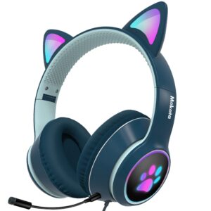 mokata gaming headphone wired aux 3.5mm over ear cat led light fit adult & kids foldable stereo headset earmuffs with microphone for pc ps4 game cellphone laptop pad h02 navy blue