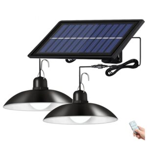 aolyty solar pendant light with double head shed light ip65 waterproof solar powered hanging light with remote control dimmable for garden yard corridors walkway pathway garage driveway (warm light)