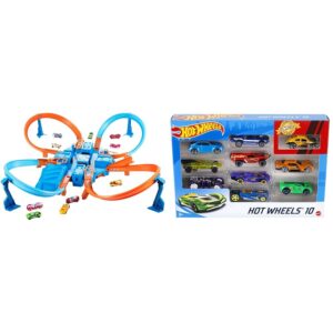 ultimate hot wheels crashing action with the criss cross crash track set! [amazon exclusive] & set of 10 1:64 scale toy trucks and cars for kids and collectors (styles may vary) [amazon exclusive]