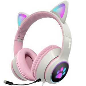 mokata gaming headphone wired usb connect 7.1 surround stereo over ear cat led light fit adult & kid foldable headset with mic for pc ps4 ps5 game laptop pad h03 cyan beige white