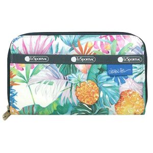 lesportsac lauren roth uluwehi hawaii exclusive lily wallet, style 6506/color k605, vibrant tropical flowers, palm fronds & pineapples, lauren roth signature printed on pattern & logo tag