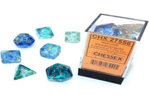 oceanic nebula luminary dice with gold numbers 16mm (5/8in) set of 7 chessex, blue