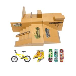 skate park kit, finger skateboard ramp set -1 finger bike -3 finger skateboards -1 pair of skates and 8pcs skate parks for finger skateboard ultimate parks training props and finger toys