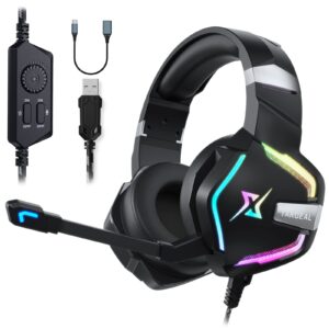 targeal 7.1 surround sound pc gaming headset for ps5 ps4 switch laptop mac tablet mobile, over ear wired usb gaming headphone with omni-directional noise canceling mic, rgb led, with type c cable