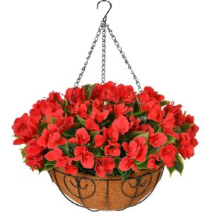 artificial fake fall hanging flowers plants basket for outdoor autumn decor, faux silk bougainvillea flowers in planter look real uv resistant faux flowers arrangement for porch home patio garden, red