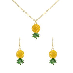 tropical 2pcs yellow ruit green leaf pineapple earings pendant necklace suit for women fashion dangle earings jewellery