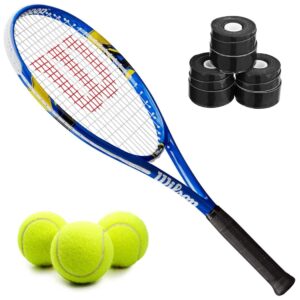 wilson u.s. open pre-strung recreational tennis racquet (4 3/8" grip) set bundled with black overgrips and a can of tennis balls