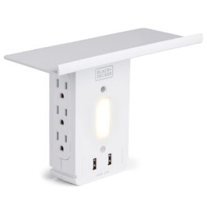 black+decker surge protector outlet shelf with night light, 6 grounded outlets, 2 usb, 100 lumen