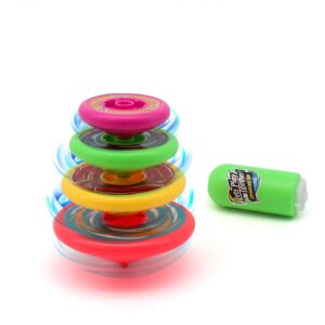 durable stackable spinning tops for kids, set of 4, spin toys, fun birthday party favors for boys and girls (up 3 years old)