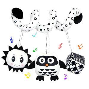 ebrima baby spiral activity car seat toys, black and white baby toys, high contrast baby sensory toys, newborn hanging plush stroller toys for 0 3 6 9 12 months boys girls (owl)