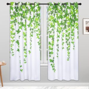 qiyi green ivy plants window curtain panels, garden foliage creepers on white 2 panels blackout curtains for living room bedroom, nursery full light blocking door window treatment drapes 52 x 84 inch