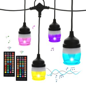 led outdoor string lights, 43ft patio lights with 14 rgb dimmable bulbs, 16 light colors and 12 modes, ipx65 waterproof café led string light with 2 remote controls, for home party, patio garden