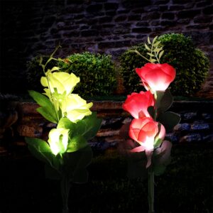 irmm outdoor solar garden flower lights, 2 pack led solar powered flowers lights with 6 roses, waterproof solar garden stake lights for garden, patio, yard, pathway decoration (red+yellow)