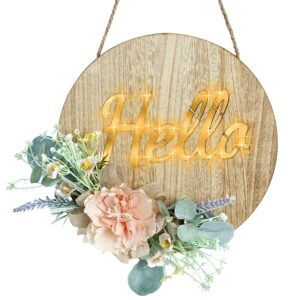 meet rose hello sign farmhouse door wreaths for front door outside decorations round wooden rustic door hanger hello sign porch garden decor spring hello outdoor wall decor for home (wood color