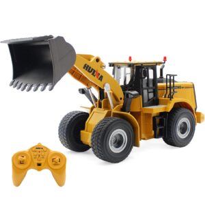 hitish remote control front loader 2.4ghz 9 channel rc bulldozer construction vehicle radio control tractor truck toy with lights & sounds for kids age 8, 9, 10 and up years old