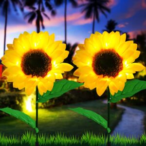 solar powered sunflower lights outdoor 2 pack, solar garden lights like real sunflowers stake flower lamp for outside, landscape, yard, pathway, patio, christmas decor (2 sunflowers)