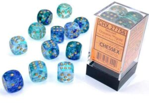 chessex nebula 16mm d6 oceanic/gold w/luminary dice block (12 dice), blue