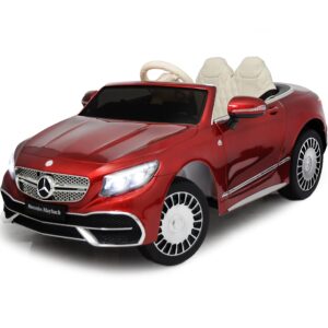 americas toys kids car with mp4 touchscreen, bluetooth, remote control, leather beige seat – electric car one seater with open doors, 5 points safety belt, compatible with mercedes maybach painted red