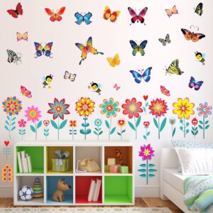 spring garden flower wall decals colorful butterfly bee wall sticker art peel and stick spring vinyl floral wall decal stickers for kids room nursery bedroom bathroom living room classroom decoration