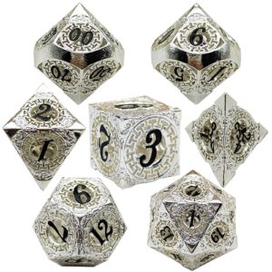 metal dice set 7pcs dnd - table game rpg hollow dice silver and black, with metal gift box, suitable for dungeon and dragon d&d mtg, math teaching, polyhedron d4 d6 d8 d10 d10％ d20