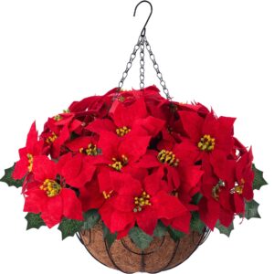 artificial flowers with hanging basket for outdoor indoor, hanging plant silk geranium in basket faux flower arrangement for garden yard pouch patio indoor home decoration (orange geranium)