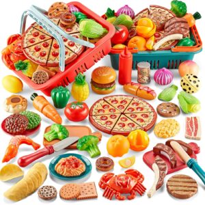 comirth pretend play food sets for kids kitchen 61pc, storage basket cutting toy food, fake food for toddlers, play kitchen accessories toys with fruits vegetables, educational gift for girls boys