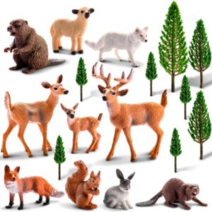 18 pcs forest animals figurines woodland animals model trees kit miniature plastic animals realistic wild forest animals for cake toppers birthday party favor(forest animals)