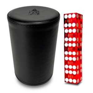 luck lab black leather dice stacking cup with 5 serialized razor edge 19 mm casino dice - pro straight cup for stacking and magic tricks (red dice)