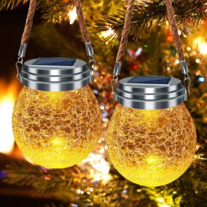 yipetor 2 pack hanging outdoor solar lights - hanging night lights gifts, garden decorations crackle glass globe for holiday, yard, garden, patio and lawn landscape