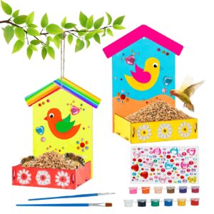 wooden arts and crafts for kids, 2-pack make your own bird feeder painting kit with diamond stickers, educational fun kids craft for girls boys age 3-5 4-8 8-12, welcome birdies to your yard