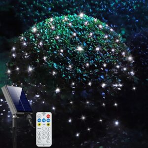 solar net christmas lights cool white, 204 led net lights outdoor mesh lights, waterproof 8 modes solar powered string lights for fence, garden, yard, bushes, trunk, halloween decor-9.8ft x 6.6ft