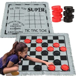 3-in-1 vintage giant checkers, tic, tac, toe, with reversible mat, 24 chips, family board game, lawn game, bbq party favor, indoor and outdoor activity for kids and adults