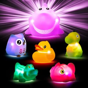 woby bath toys for toddlers 1-3,no hole light up bath toys baby bathtub toys bathroom floating animal set with colorful flashing led light for baby (funny forest animal style)