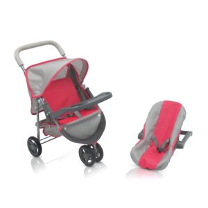 kookamunga baby doll stroller travel system - retractable canopy, feeding tray, soft handle & swivel wheels - pink gray