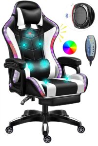 white gaming chair with led light, ergonomic pro gaming chair with full massage lumbar support, bluetooth speakers computer chair for retractible footrest and backrest adjustable,white