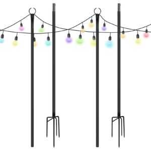 xflism outdoor 9ft metal poles with hooks for hanging string lights 2 pack - garden, backyard, patio lighting stand for parties, wedding, black