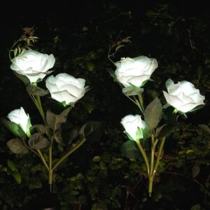 lovenite solar rose garden lights, 2 pack realistic solar flower lights, waterproof led decorative stake landscape lights for patio pathway grave cemetery outdoor decor (white)