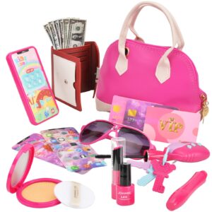 21piece girls pretend play set ,my first purse toy with handbag, makeup set, sunglasses, smartphone, wallet, car keys, credit card playset for kids gifts