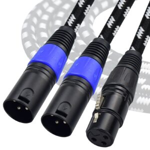 mugteeve xlr y splitter 1 female to 2 male, 2 feet microphone xlr breakout cable balanced left and right dual male to single female, nylon braided heavy duty, noise free, for mixer/speaker/mic