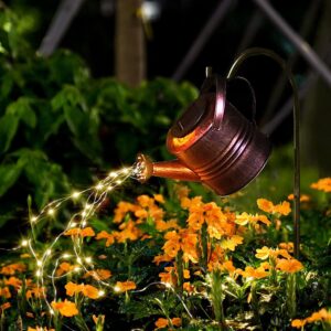 solar watering can with garden decor lights-star shower art led solar twinkle lights outdoor waterproof, fairy light firefly copper wire bunch with bracket, metal decor for home pathway patio yard