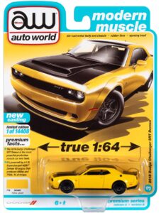 auto world diecast, 2018 dodge challenger srt demon yellow jacket & black limited edition to 14408 pieces worldwide 164 diecast model car by autoworld 64312awsp068 b