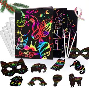 crelloci scratch paper art set for kids, rainbow scratch off craft kit for girl boy, magic gift pad sheet with mask stencil ornaments, diy drawing supply for birthday party favor christmas